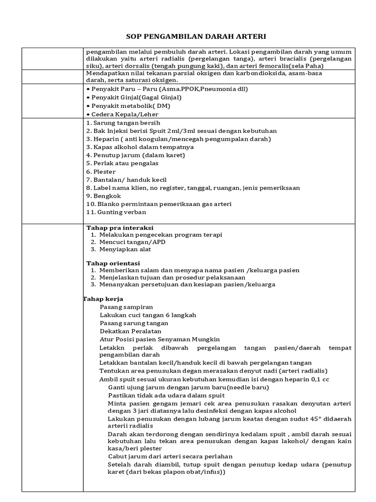 SOP Pengambilan Darah Arteri | PDF