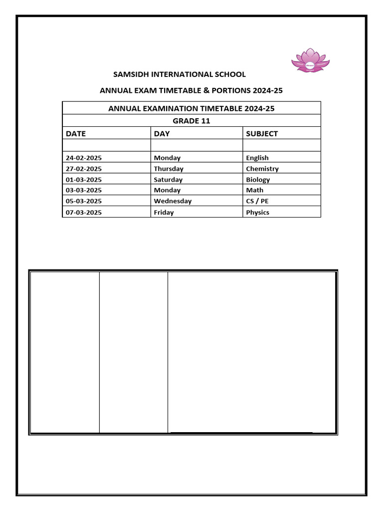 Grade 11 Annual Examination Timetable & Portions | PDF | Chemistry ...