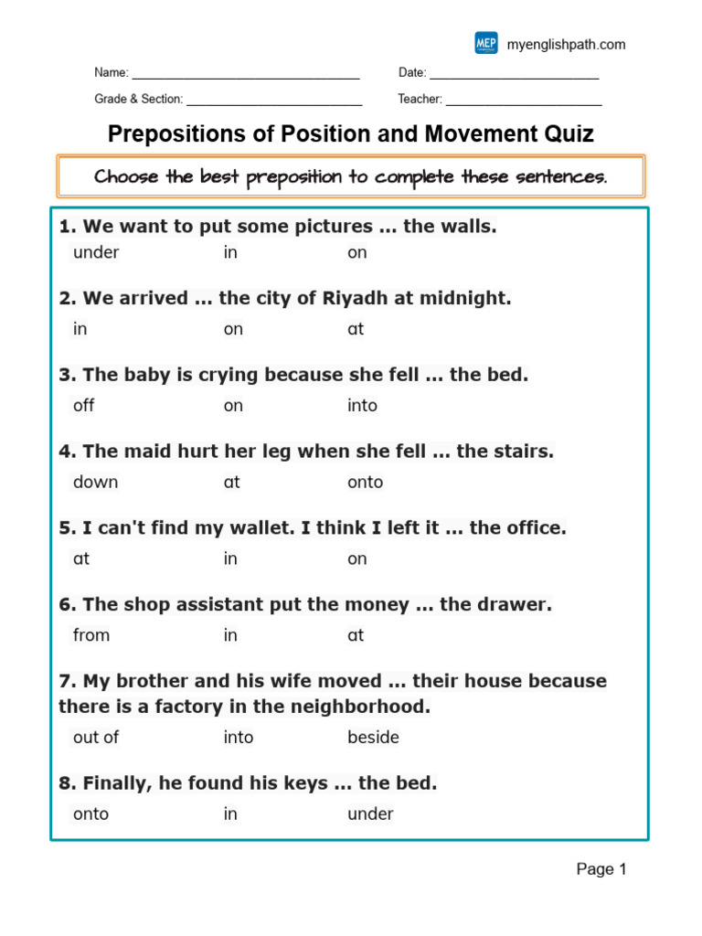 Prepositions of Position and Movement Quiz AK | PDF
