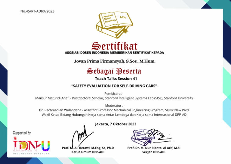 E Certificate Jovan Prima Firmansyah, S.Sos., M.Hum. SEMINAR ADI 7 OKTOBER 2023 | PDF