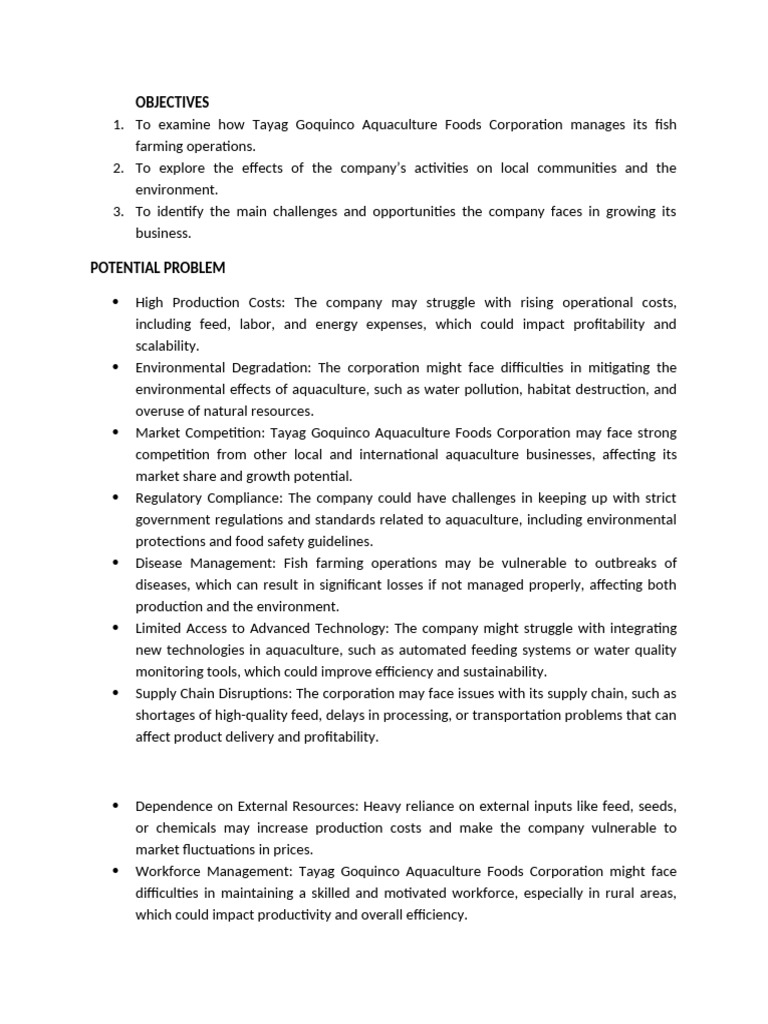 OBJECTIVES and POTENTIAL PROBLEM | PDF | Aquaculture | Agriculture