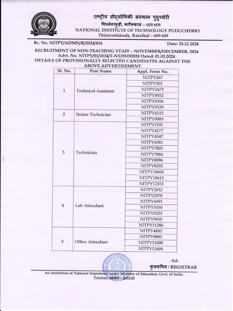 NITPY - Details of Provisionally Selected Candidates of the Non ...