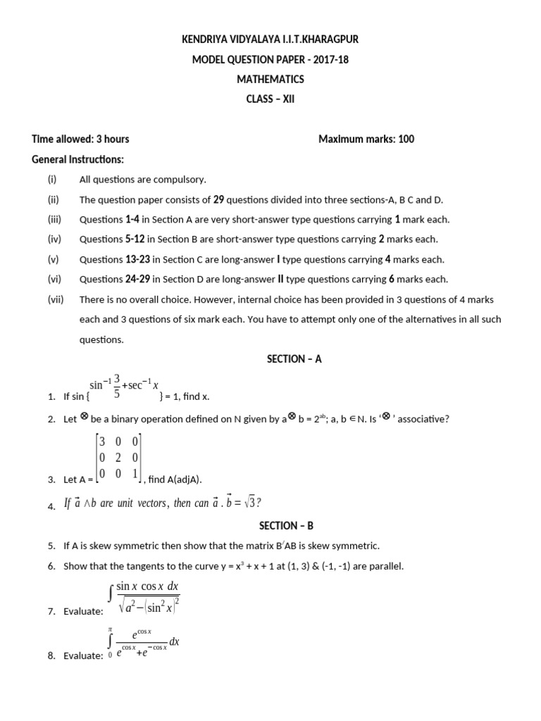 Class XII Mathematics Model Paper 2017-18 | PDF | Area | Circle