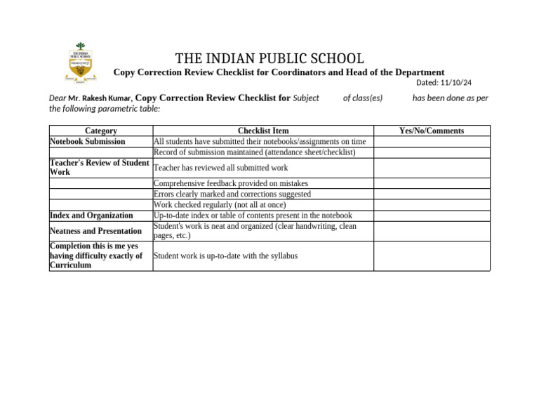 Copy Correction Review Checklist For Coordinators and Head of The ...