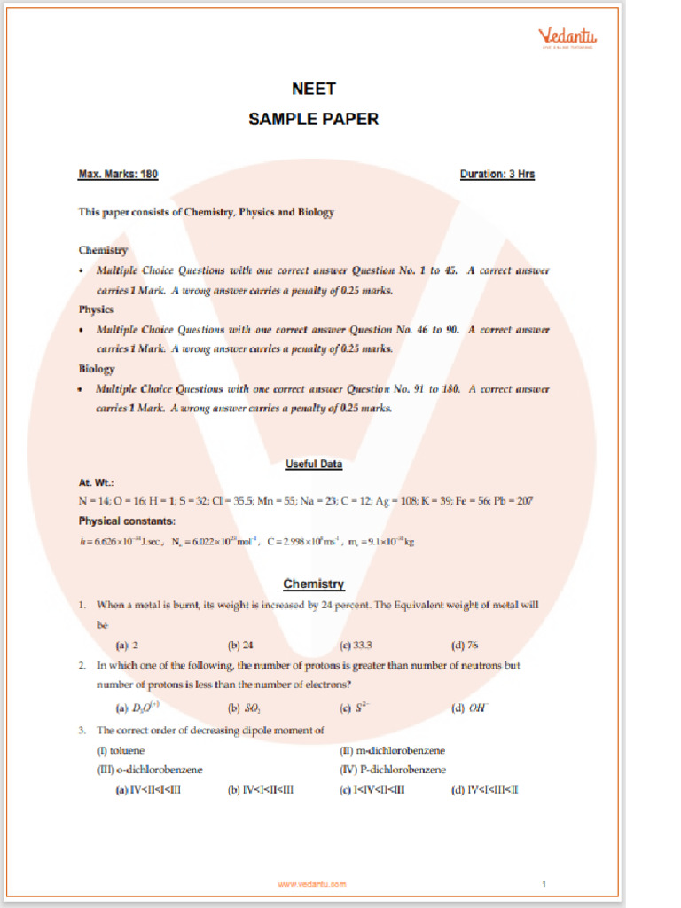 NEET Sample (Model-2) Question Paper With Answer Keys - Free PDF ...