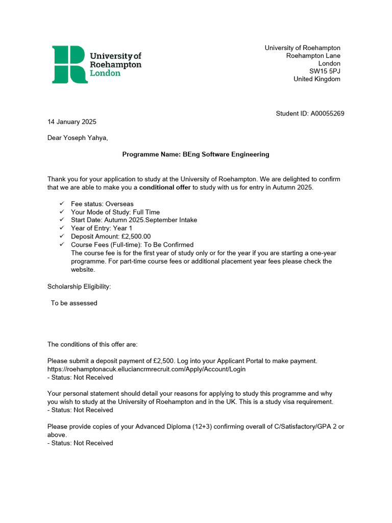 UoR Conditional Offer Letter Tuition Fee | PDF | Visa Inc.