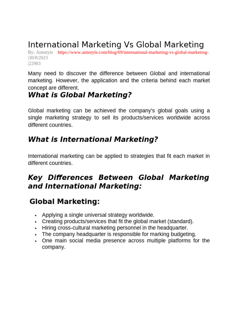 Global vs International Marketing | PDF | Marketing | Marketing Strategy