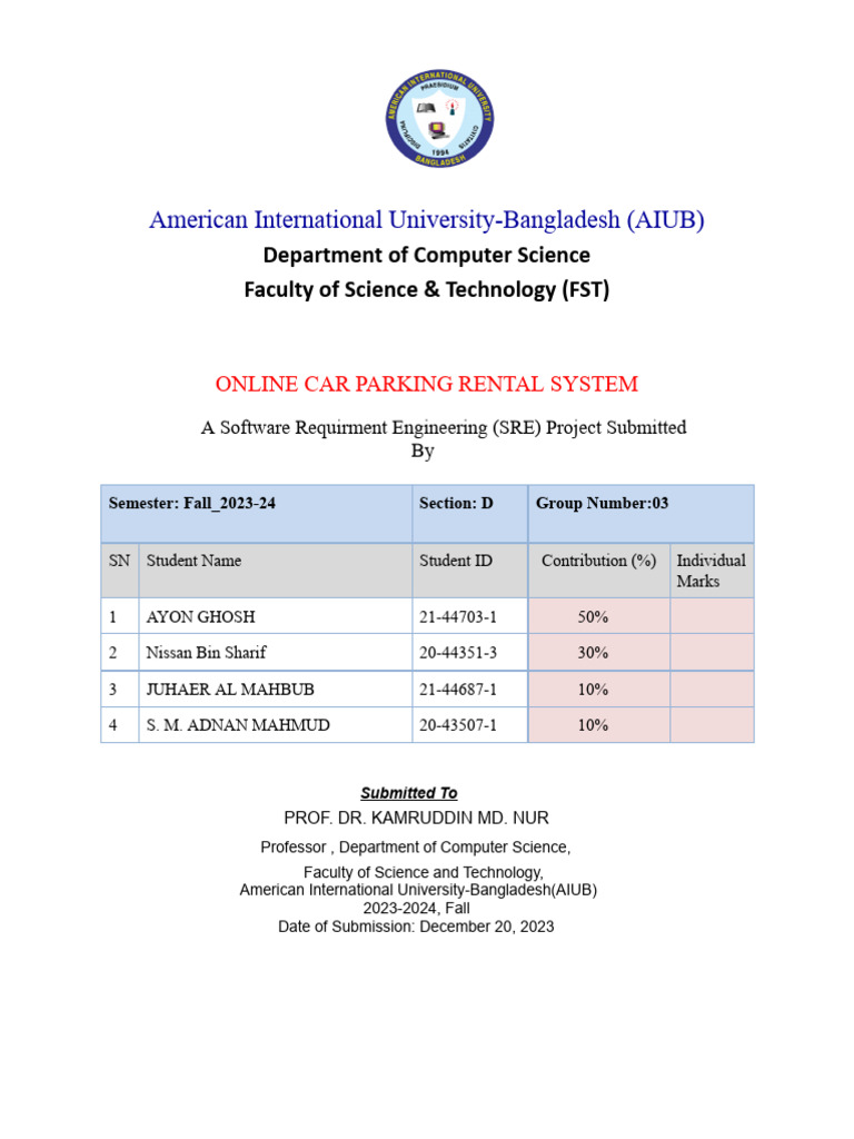 SRE FINAL - PROJECT Group 03 Sec D | PDF | Backup | Parking