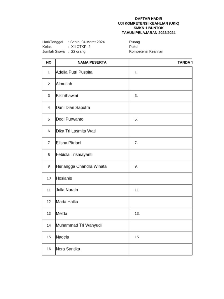 Absensi XII OTKP 2 LAB Sekretaris | PDF