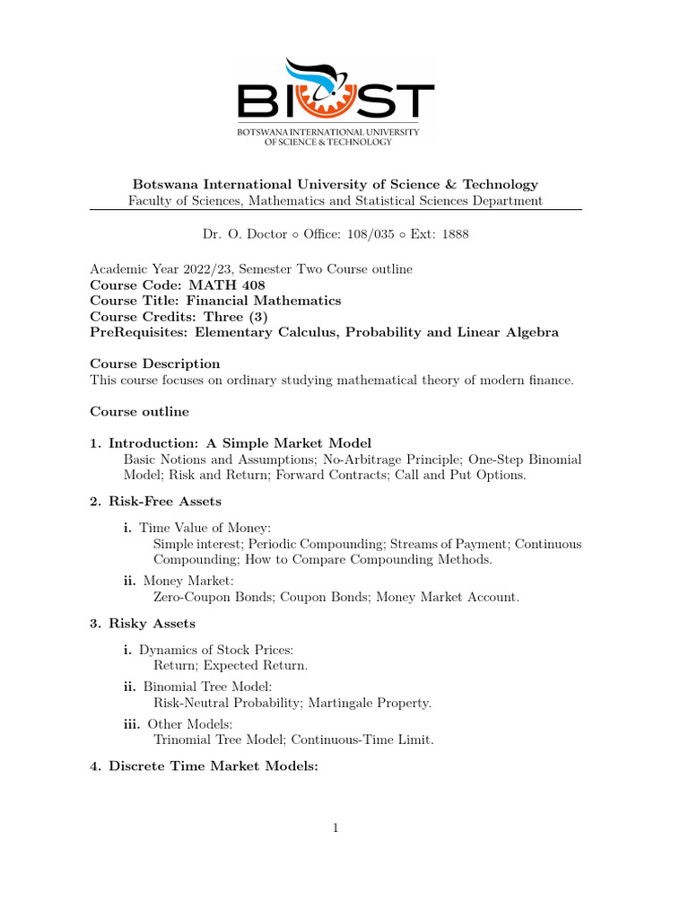 MATH 408 FMath Course Outline | PDF | Mathematics | Mathematical Finance
