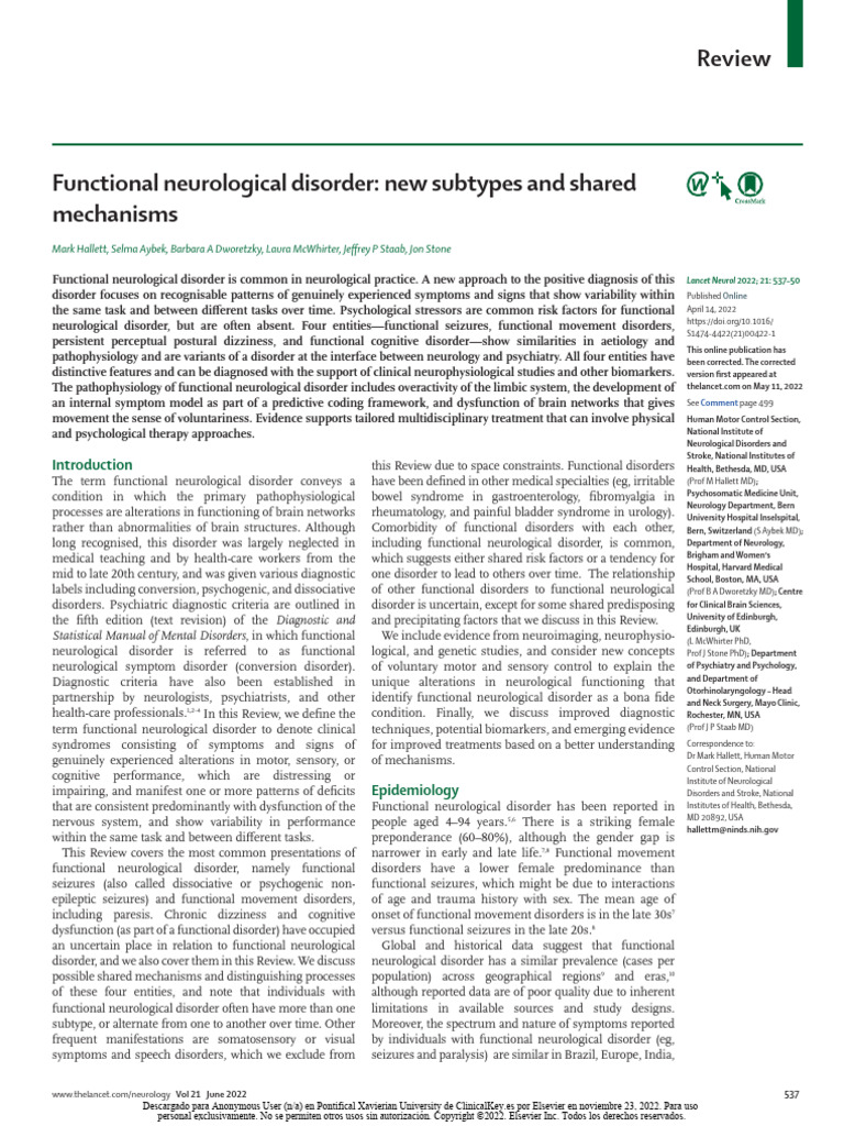Functional Neurological Disorder - New Subtypes and Shared Mechanisms ...