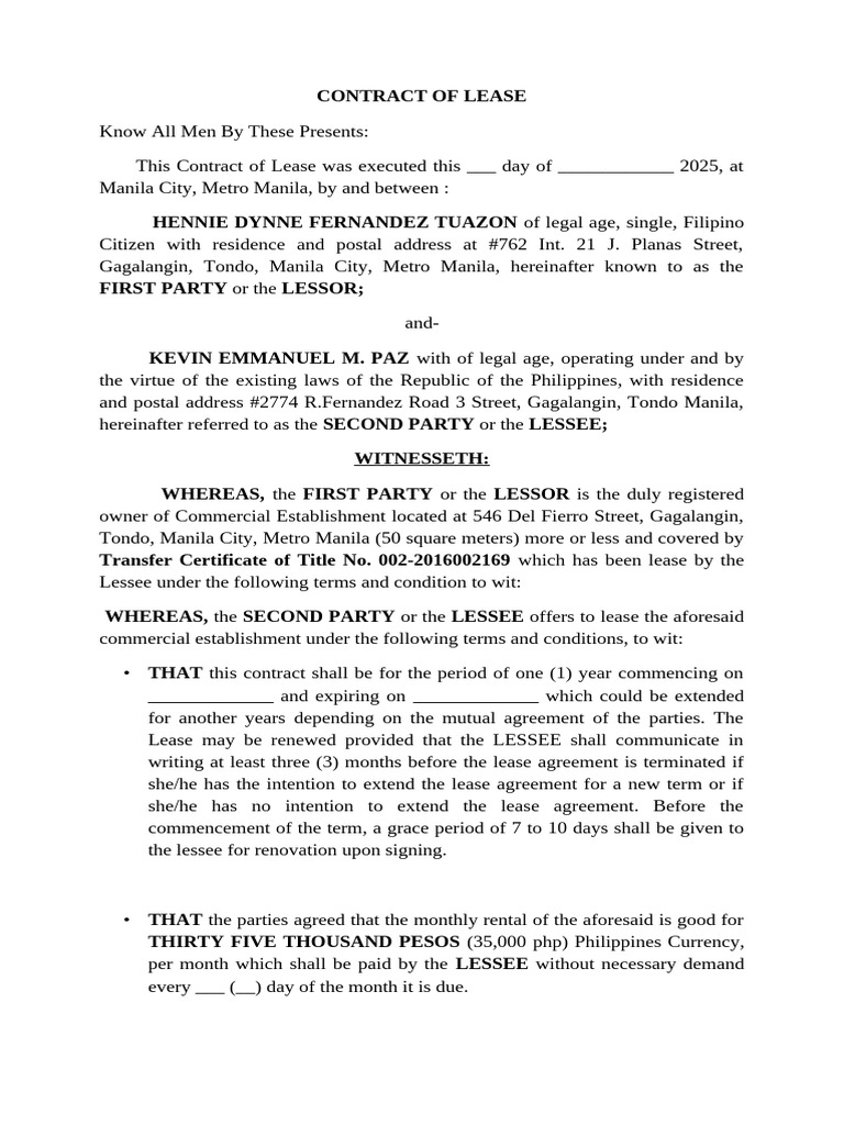 (Normal) Draft Contract of Lease Updated January 23 2025 | PDF | Lease ...