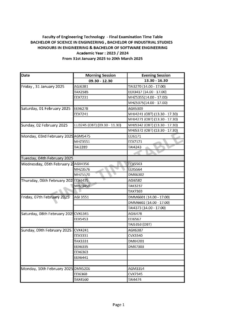 Final Timetable 17th January 2025 FET | PDF