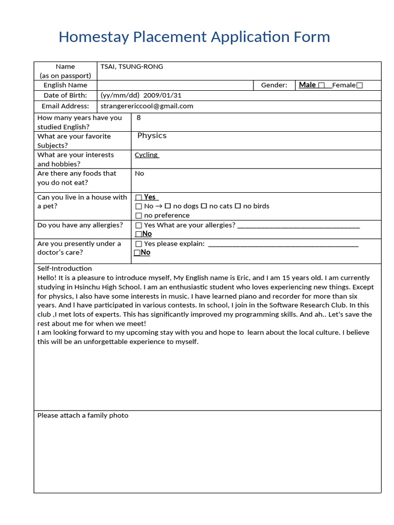 Homestay Placement Application Form | PDF