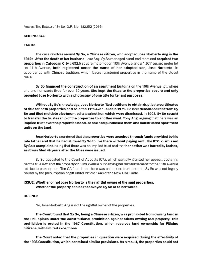 Ang vs. The Estate of Sy So, G.R. No. 182252 (2016) | PDF | Justice ...