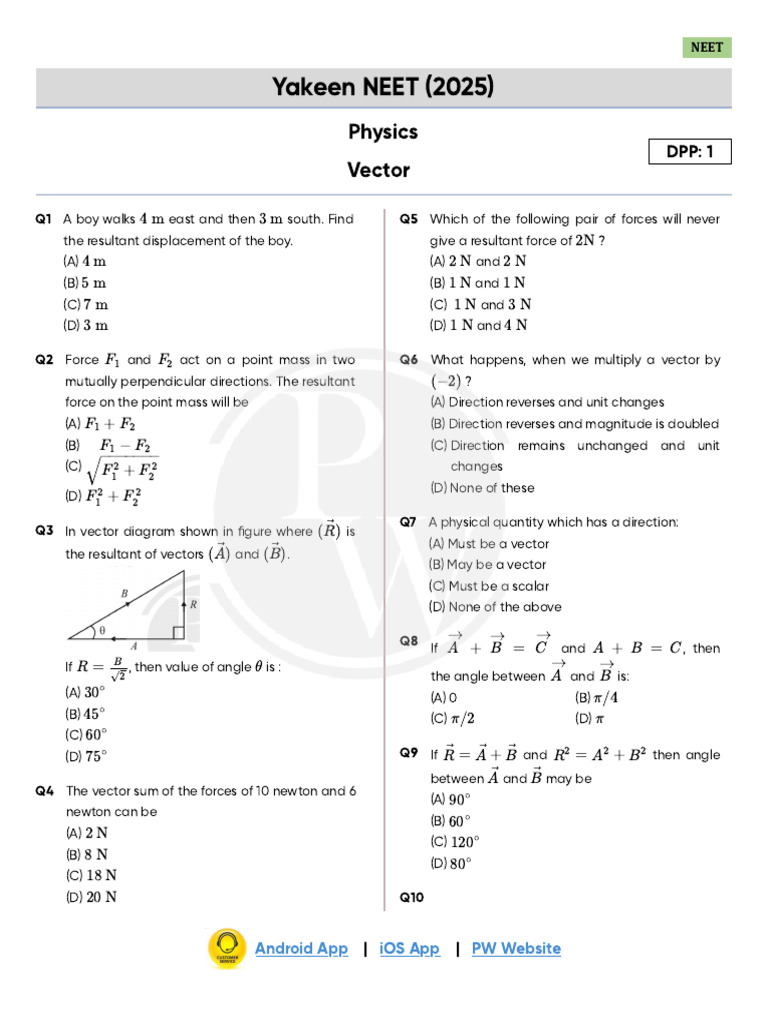 66390b40c49acf0019d1751b - ## - Vector - DPP 01 (Of Lec-02) - Yakeen NEET 2025 | PDF | Euclidean ...