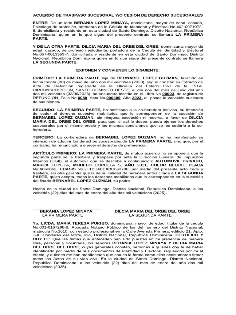 Acuerdo de Traspaso Sucesoral Cesion de Derecho Sucesorales | PDF | Documento de identidad ...