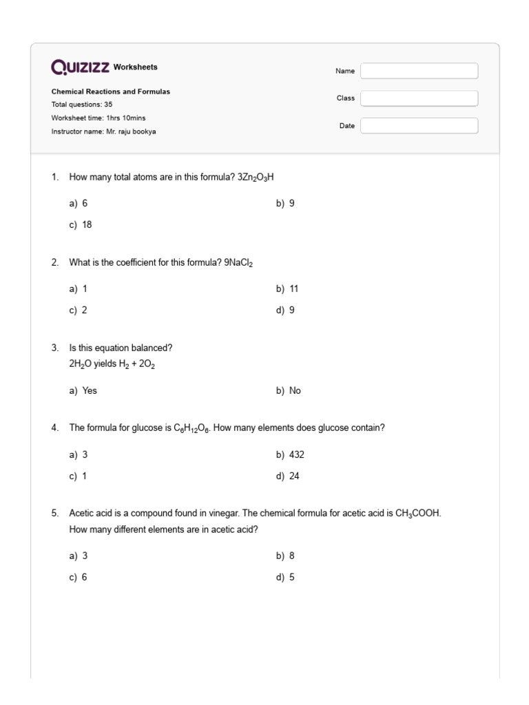 Chemical Reactions and Formulas - Quizizz | PDF | Chemical Substances ...