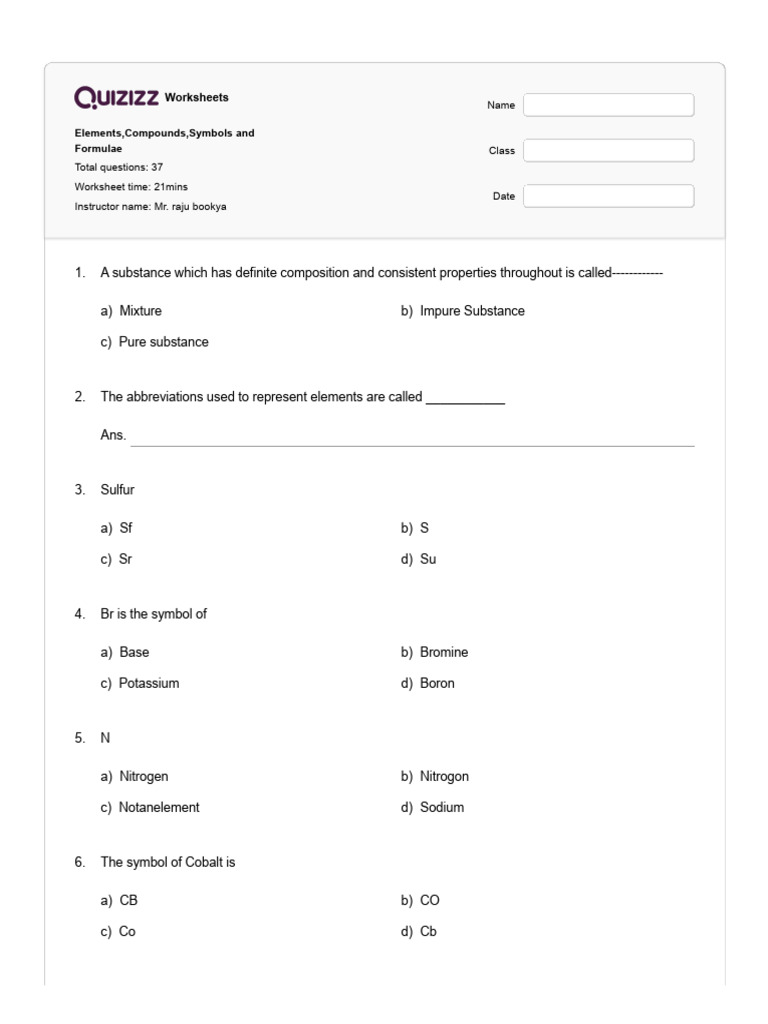 Elements, Compounds, Symbols and Formulae - Quizi | PDF | Chemical ...