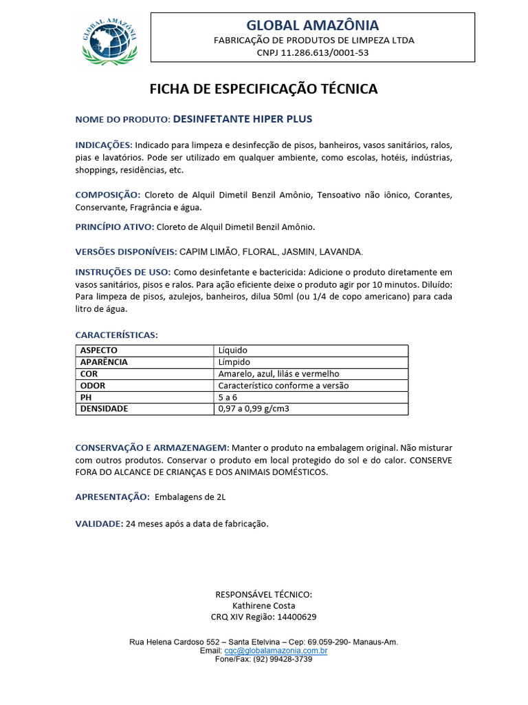 Ficha Técnica Desinfetante Hiper PDF | PDF