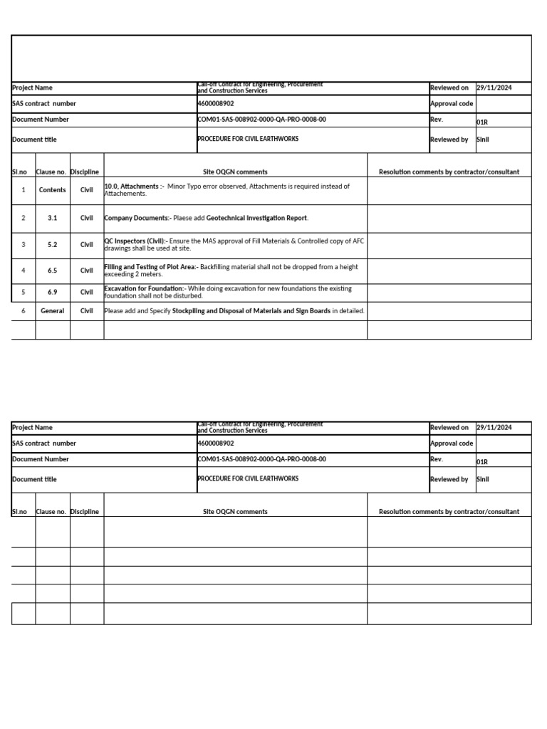 Comments Sheet For Procedure For Civil Earthworks Pdf