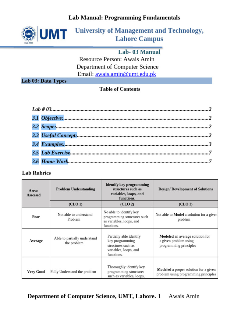 Lab Manual 03 - Data Types. | PDF | Variable (Computer Science) | Data Type