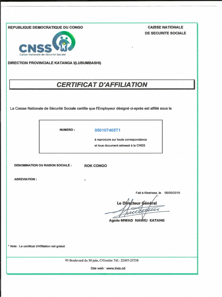 Certificat d'Affiliation Cnss | PDF