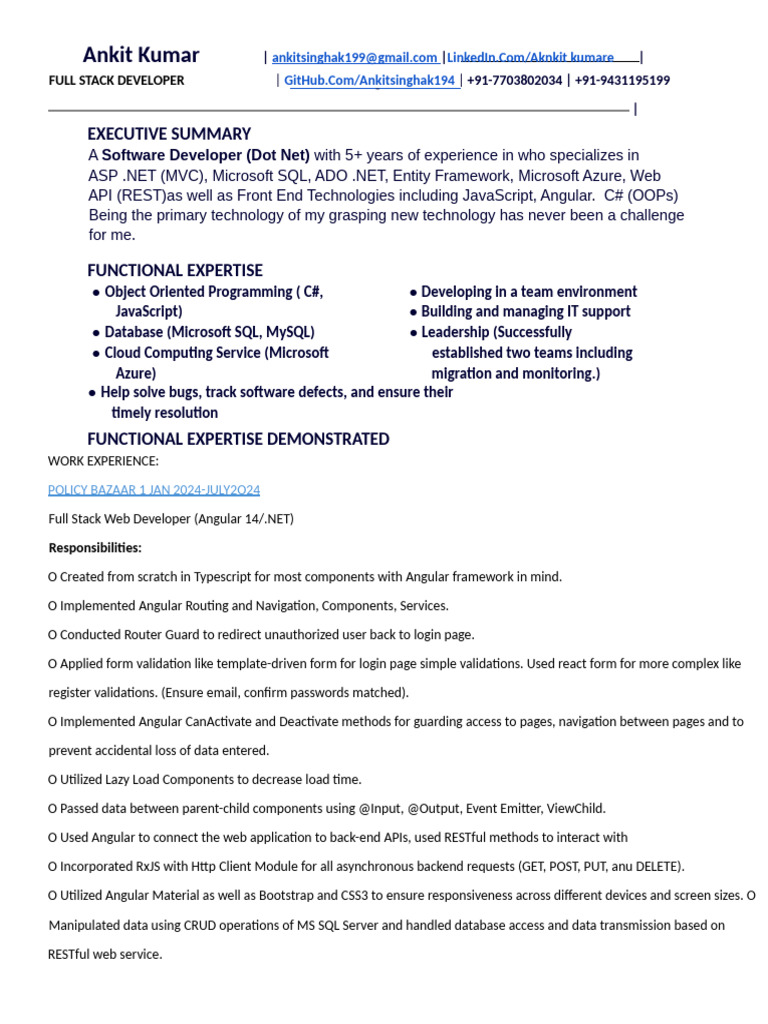 Ankit KumarResume Full Stack Dot Net Developer - pdf1 | PDF | Selenium (Software) | Xamarin
