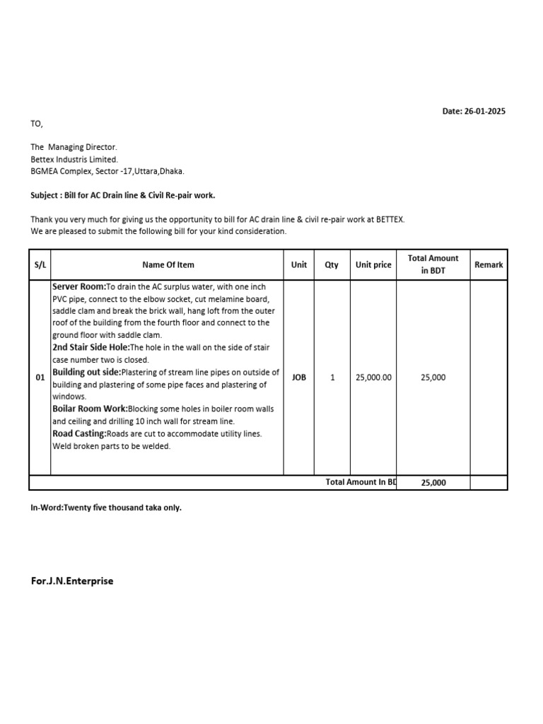 AC Drain Line & Repair Work Bill | PDF