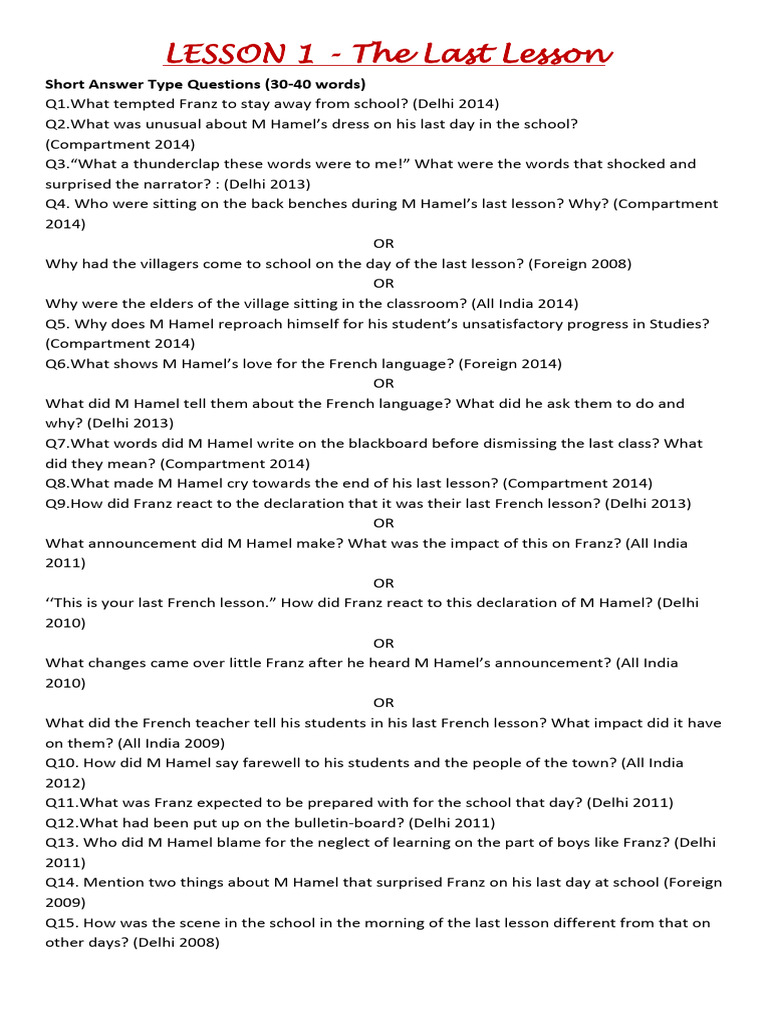 Last Lesson: Key Questions & Analysis | PDF