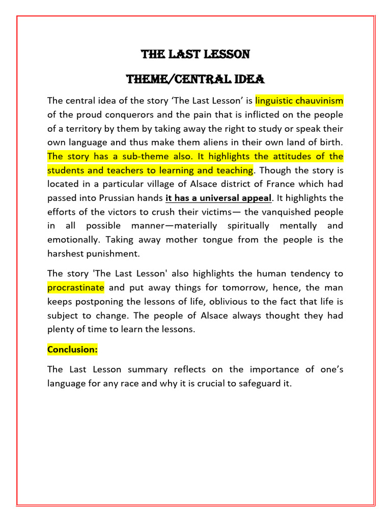Central Idea of "The Last Lesson" | PDF