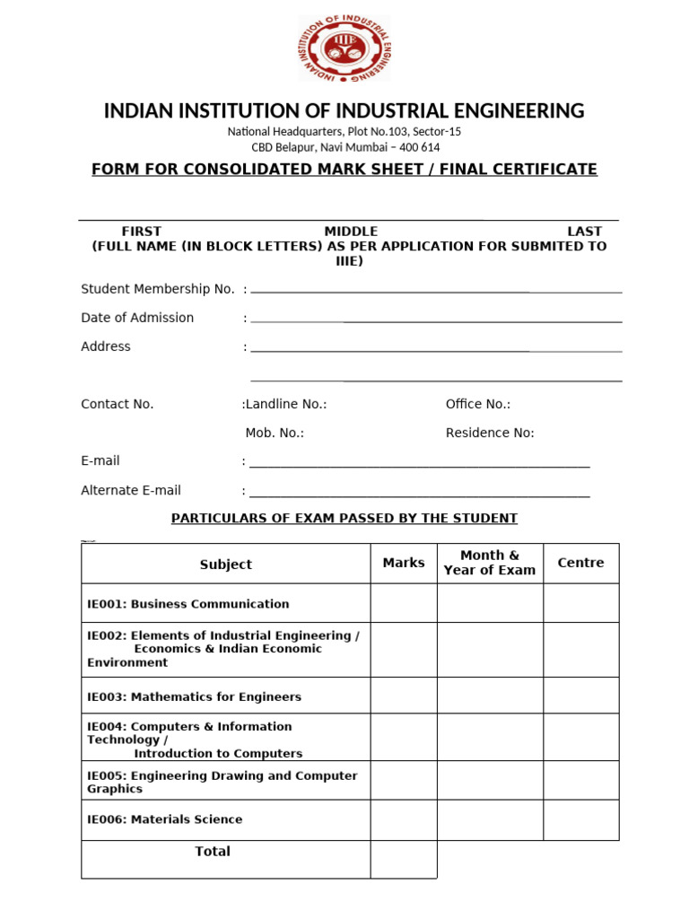 Form For Consolidated Mark Sheet and Final Certificate | PDF | Industrial Engineering | Business