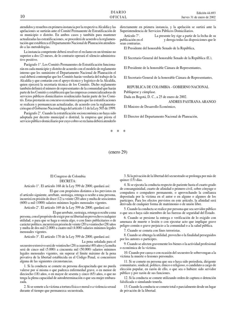 Documento 31 Ley 733 de 2002 | PDF | Extorsión | Secuestro
