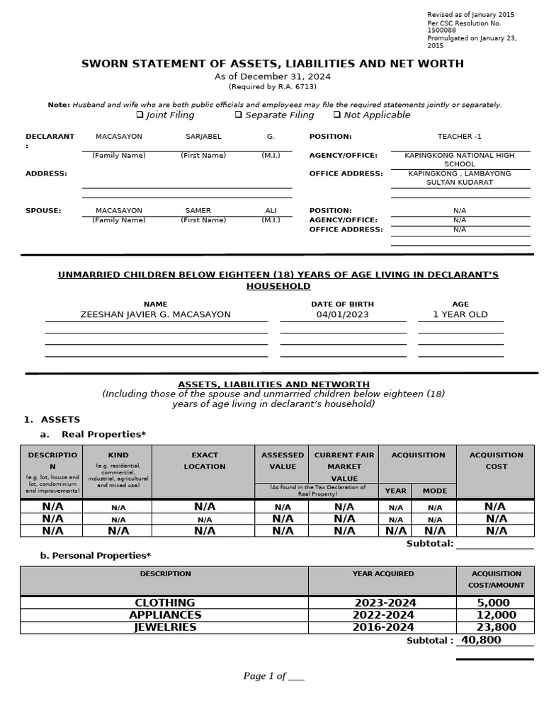 Saln Form - Dec 2024 Template Sarjabel G. Macasayon | PDF | Business ...
