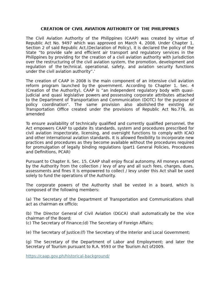 Creation of CAAP: Philippine Aviation Authority | PDF | Government ...