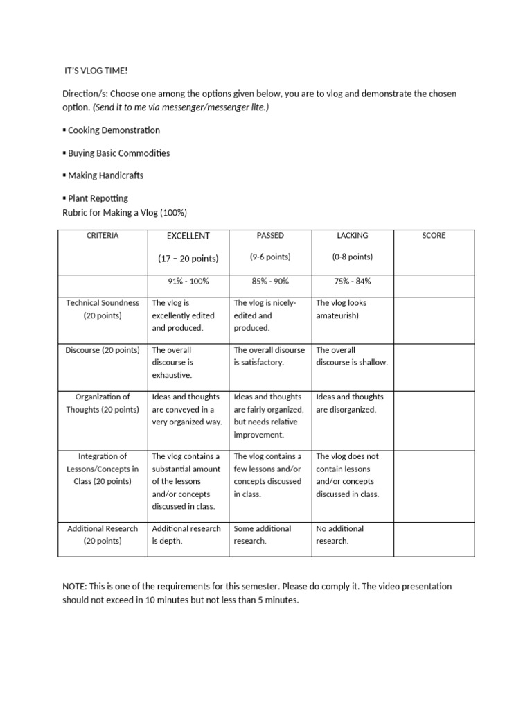 Vlog Assignment Guidelines and Criteria | PDF