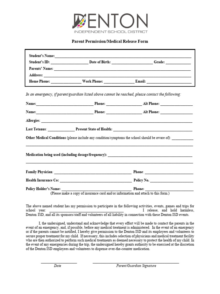 Denton ISD Permission and Medical Release (Fillable-Updated) | PDF ...