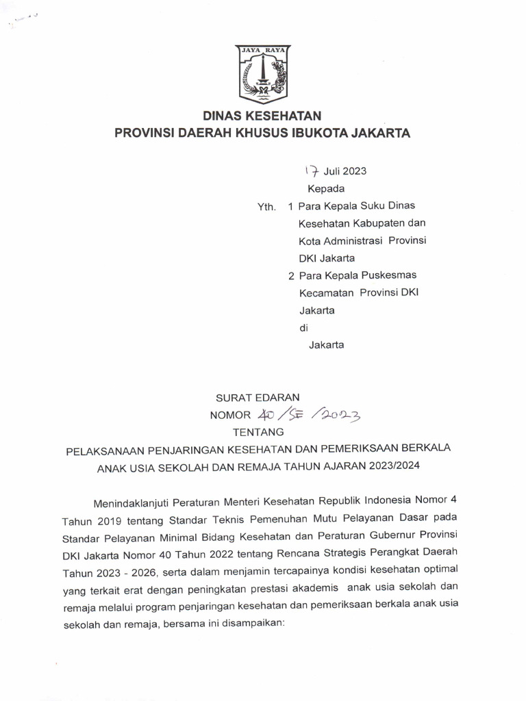 SE Pelaksanaan Penjaringan Kesehatan Dan Pemeriksaan Berkala 2023 | PDF