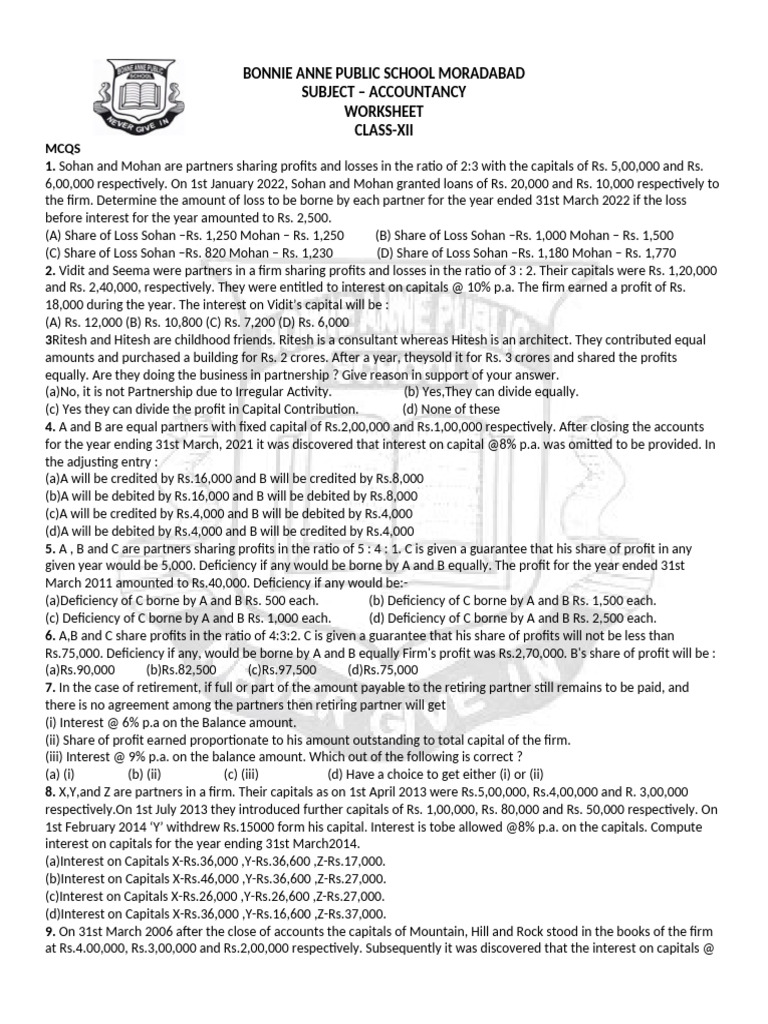 Class XII Accountancy MCQs Worksheet | PDF | Partnership | Debits And ...