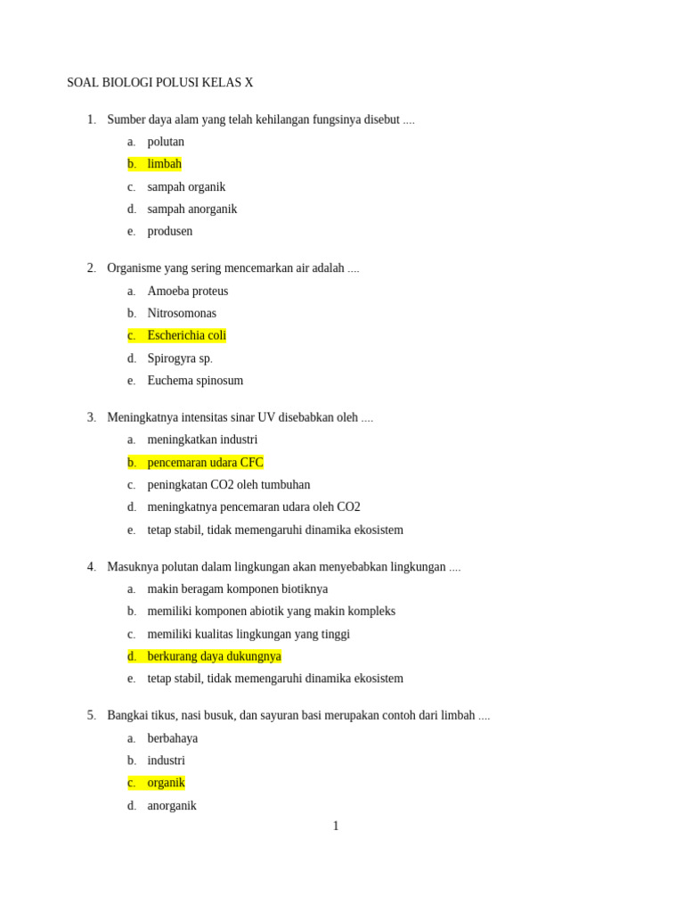 Latihan Soal Dan Kunci Jawaban Pencemaran Lingkungan | PDF