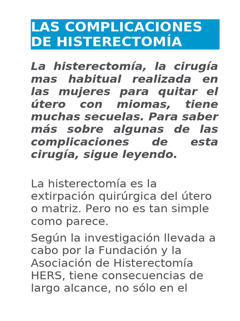 Histerectomia, y Sus Complicaciones | PDF | Medicina | Medicina CLINICA