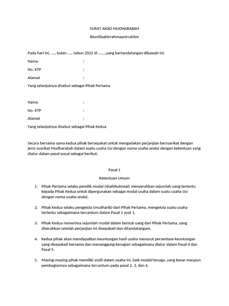 Surat Akad Syirkah Mudharabah | PDF