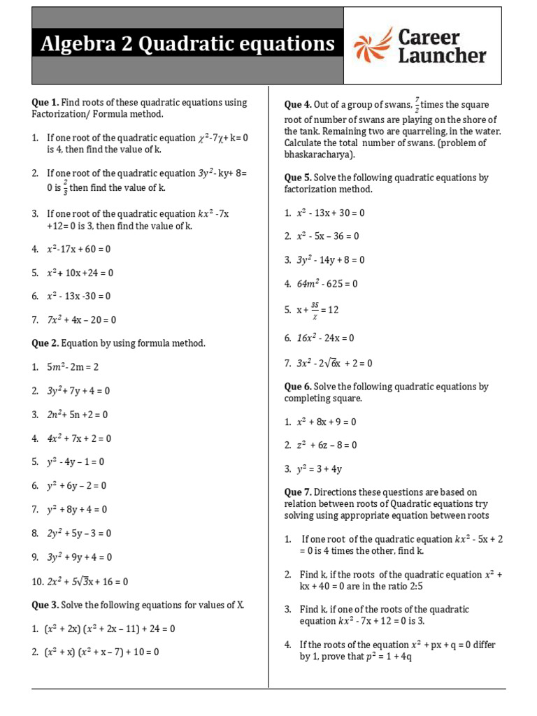 Algebra 2 Quadratic Problems | PDF | Quadratic Equation | Equations