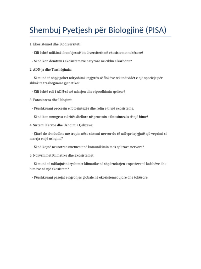 Shembuj Pyetjesh Biologji Pisa | PDF