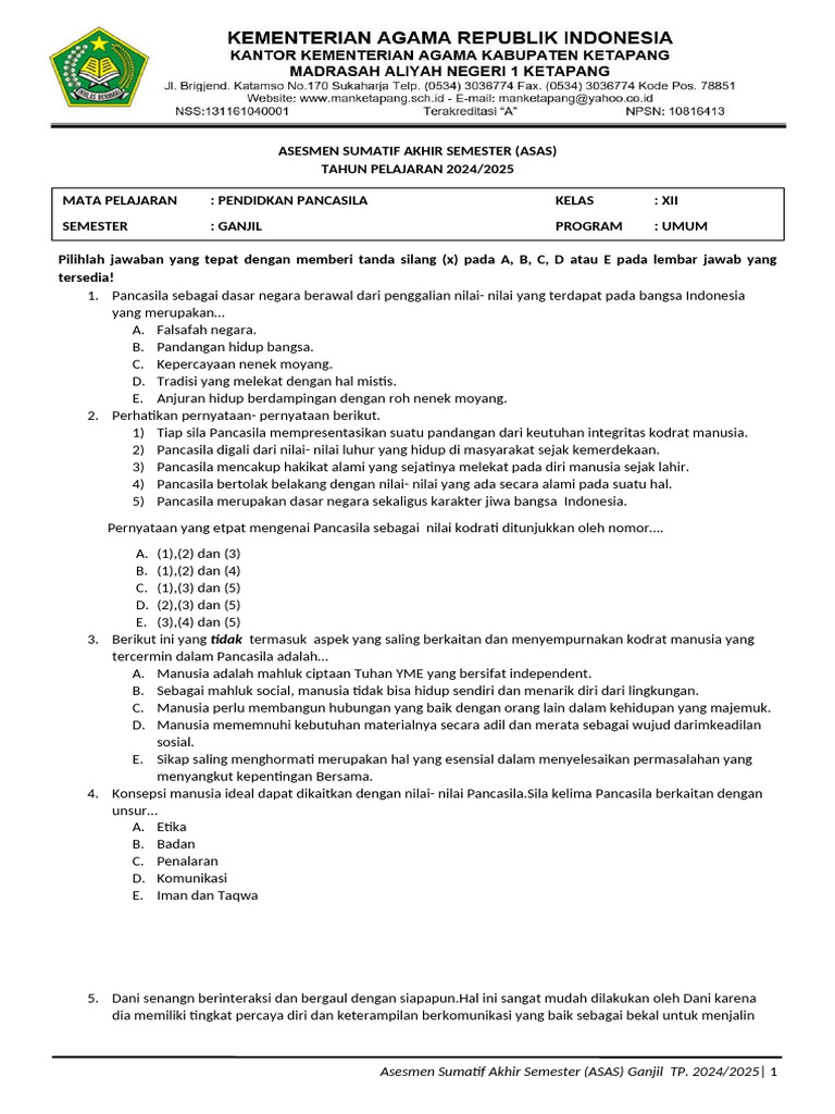 Soal Asas Pendidikan Pancasila Kelas Xii Ganjil | PDF