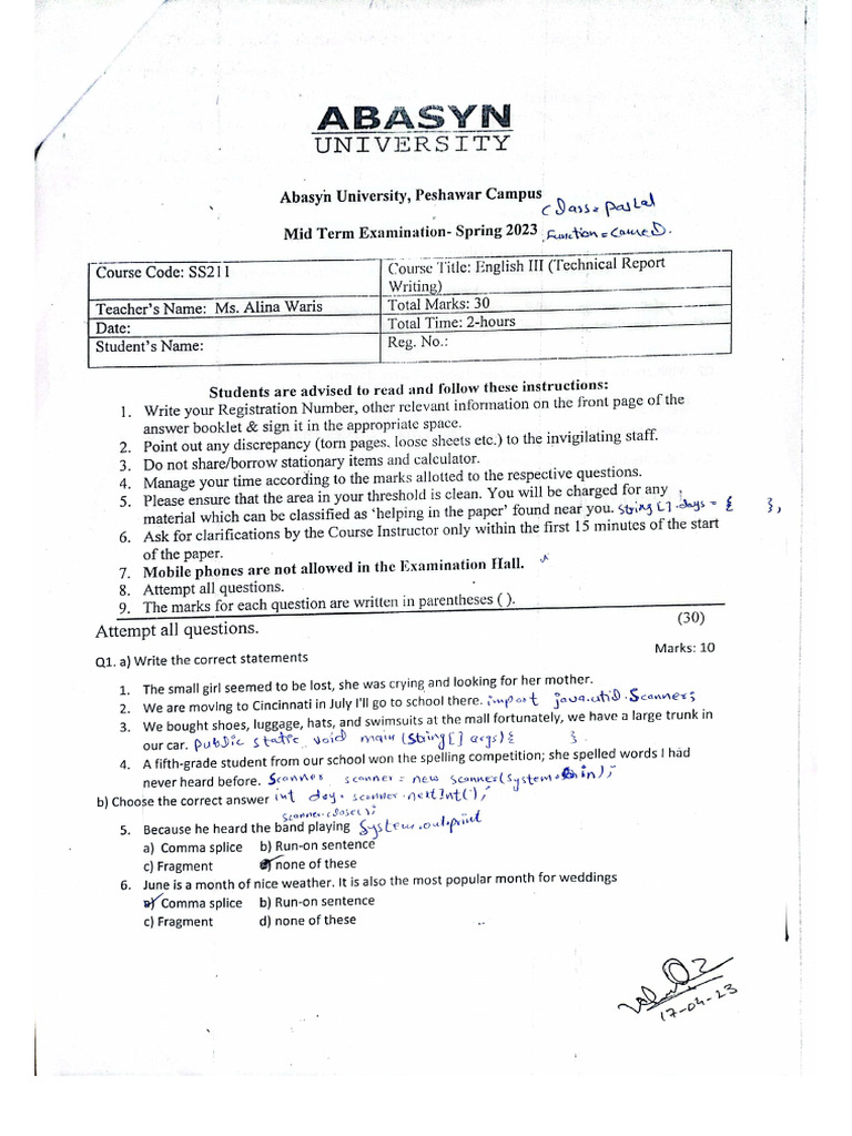 SS311 English III Technical Report Writing Abasyn University Mid-Term ...