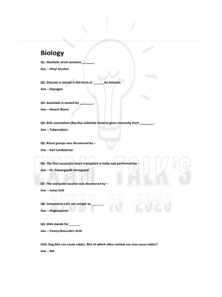 Biology 100 + Important Questions | PDF