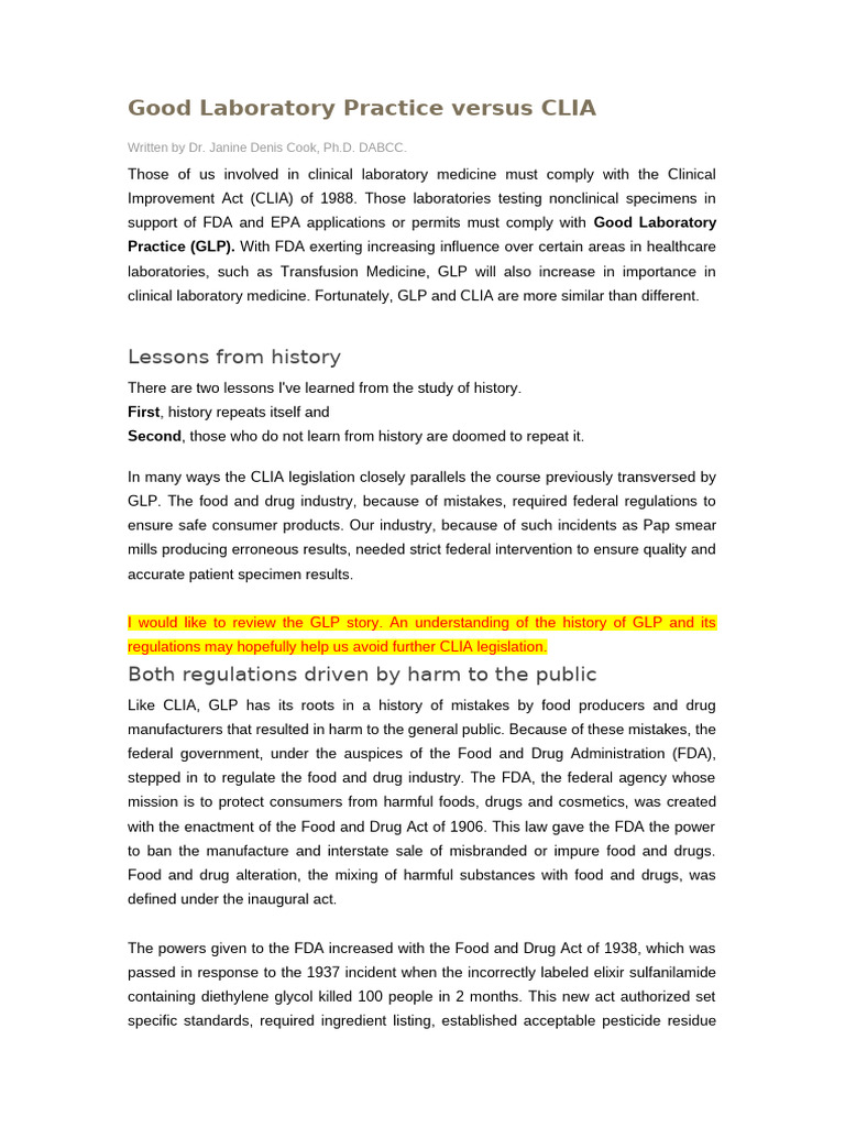 Good Laboratory Practice Versus CLIA | PDF | Food And Drug ...