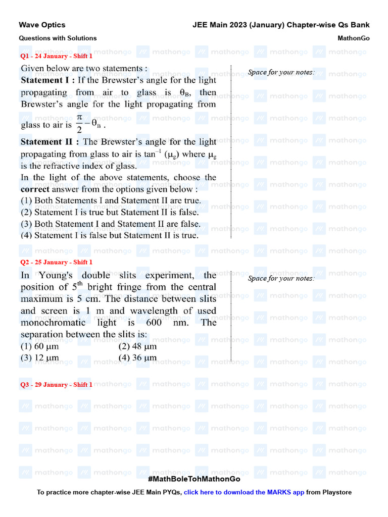 Wave Optics - JEE Main 2023 January Chapter Wise Questions by MathonGo | PDF