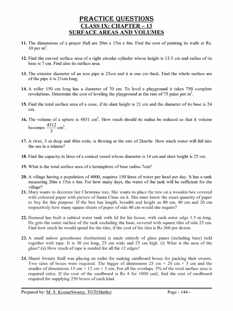 Surface Areas and Volumes - Worksheet | PDF